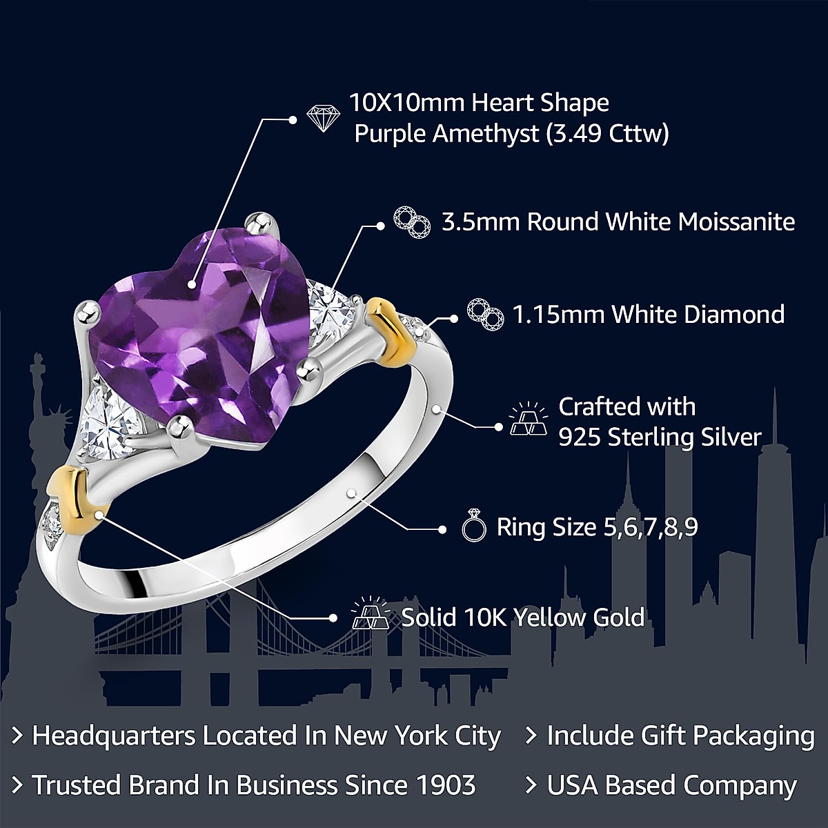 Gem Stone King 925 Silver and 10K Yellow Gold 10MM Heart Gemstone Birthstone White Moissanite and White Diamond Engagement Ring For Women | Available in Size 5,6,7,8,9