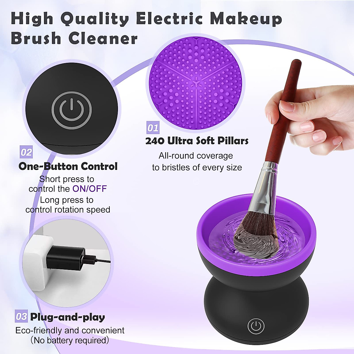 Electric Makeup Brush Cleaner with Drying Rack, Luxiv 2 In 1 Wash&Dry Makeup Brush Cleaner Machine Fit for All Size Brush Automatic Spinner Machine, Makeup Brush Beauty Blender Cleaner (Black+Purple)