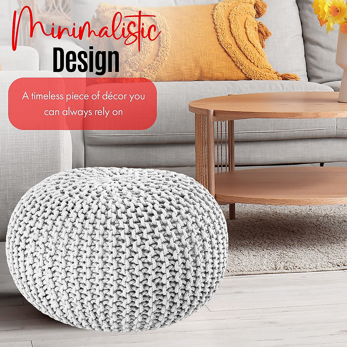 ELYFLAIR® Pouf Ottoman Hand Knitted – Elegant and Simple Knitted Pouf – Multipurpose Handmade Pouf Ottoman for Bedroom, Living Room – Comfortable Cotton Ottoman Foot Rest (White, 17,7⌀ inches)