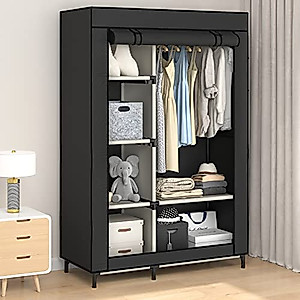 Buzowruil Canvas Wardrobe Portable Closet Wardrobe Clothes Storage with 6 Shelves and Hanging Rail,Non-Woven Fabric, Quick and Easy Assembly,Black