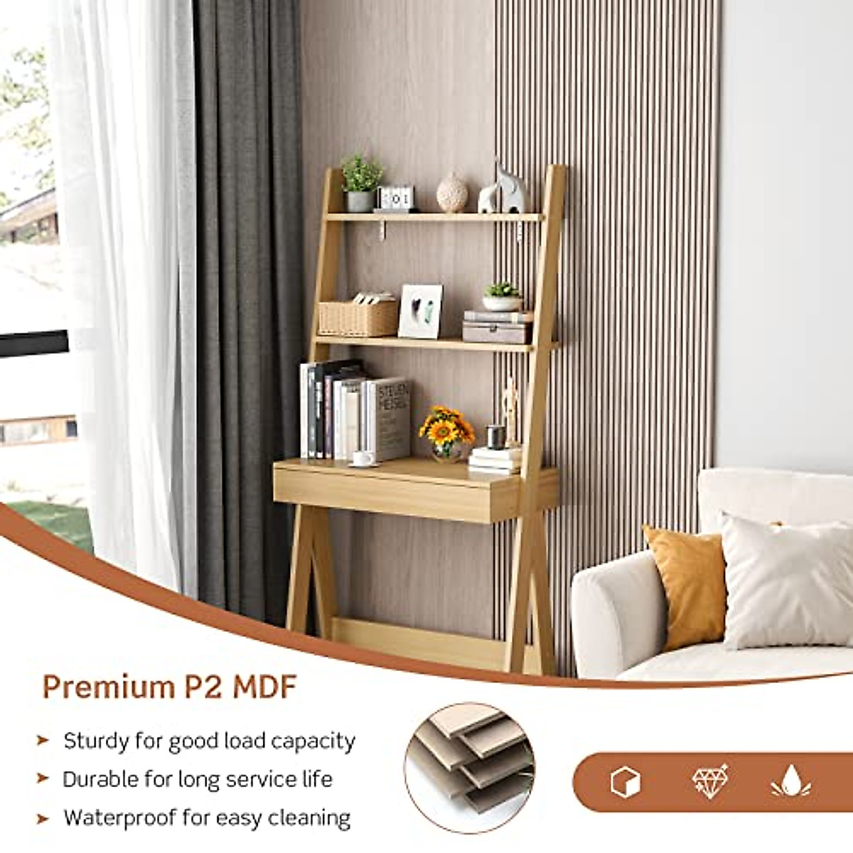 Tangkula Ladder Desk with Countertop & Drawer, Freestanding 2-Tier Ladder Shelf Desk, Modern Computer Desk Laptop Table with Storage Bookshelf, Anti-Toppling Device (Natural)