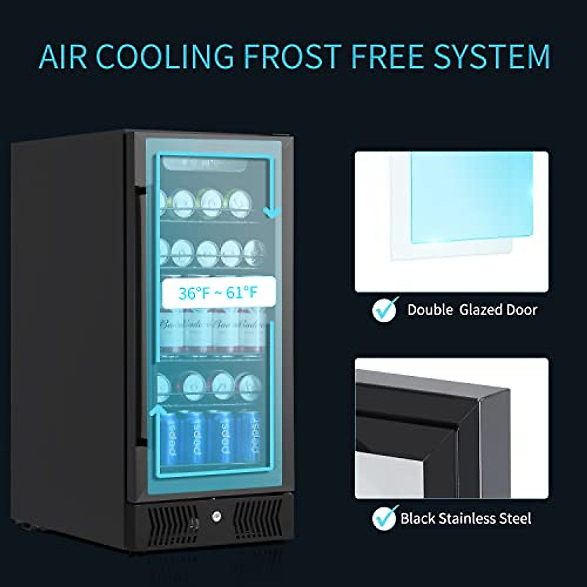 Kognita 15" Wine Cooler Under Counter Beverage Refrigerator, Free Standing Glass Door Mini Beer Fridge Holds Up To 115 Cans, Removable Shelves, Touch Control, Digital Temperature Display (Black)