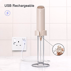 ELMWAY Powerful Electric Milk Frother Set, Rechargeable Drink Blender with Stand/Base, Foam Maker Mixer, Handheld Milk Frother for Coffee, Cappuccino, Latte, Matcha, Protein Powder - Beige