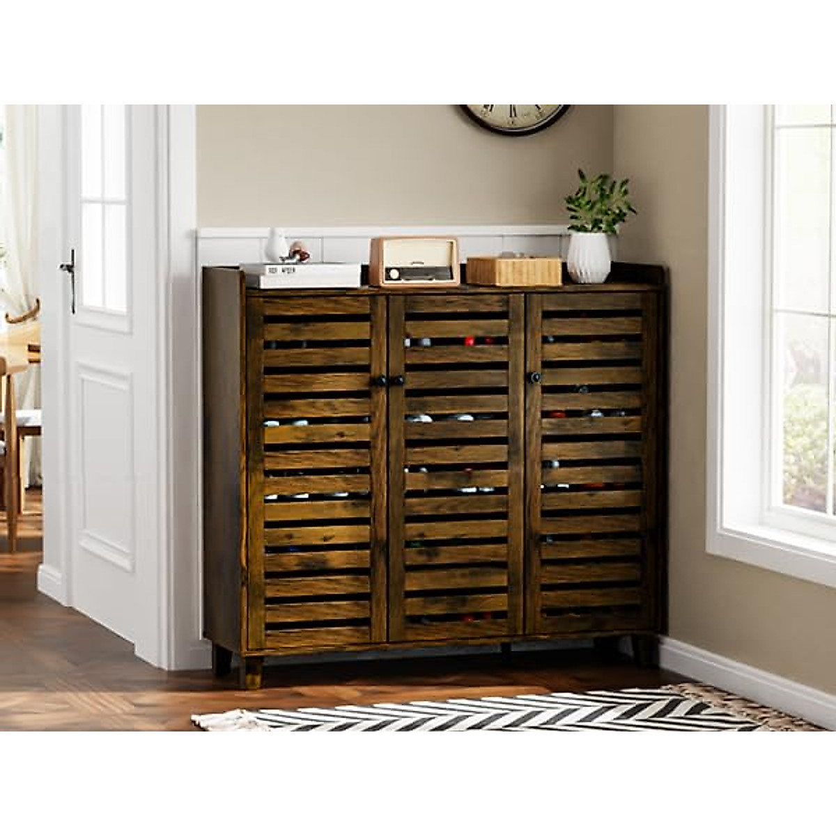 VINGLI Large Shoe Cabinet with 3 Doors 6-Tier Ultra Wide Shoe Cabinet Storage for Entryway 30 Pairs Tall Shoe Organizer Cabinet Wooden Farmhouse Shoe Rack Cabinet Rustic Brown