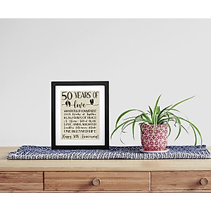 Framed 50 Years of Love Burlap Print, Gifts for Parents 50th Anniversary, Couple 50th Wedding Anniversary, Golden Anniversary Decorations, Gifts for Grandma & Grandpa, Happy 50th Anniversary