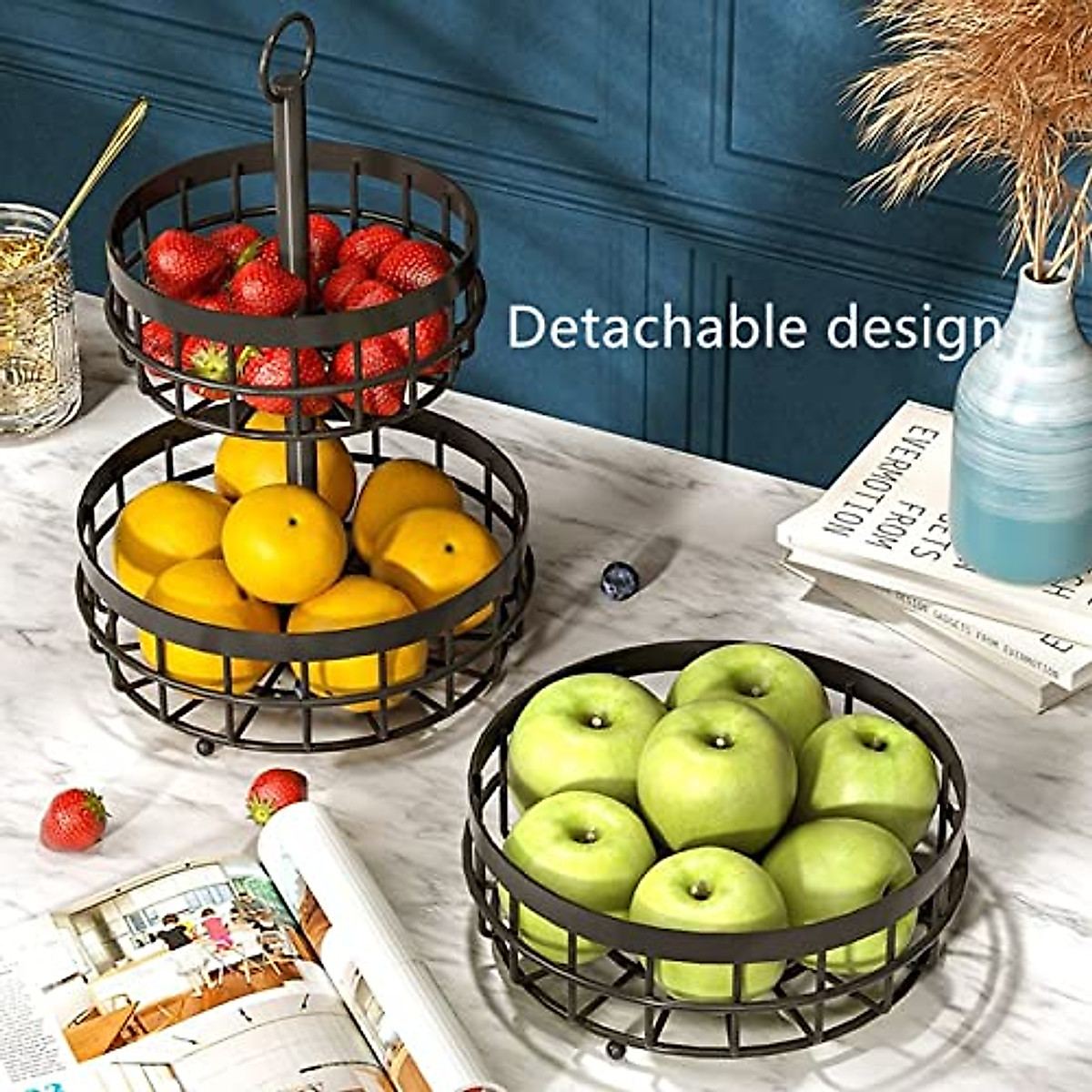 Baoz 3 Tier Fruit Basket For Kitchen Countertop Metal Wire Fruit Bowl Holder Triple Layer Detachable Fruit storage Tray Rack Stand for Storing Veggies Bread Snacks, Black