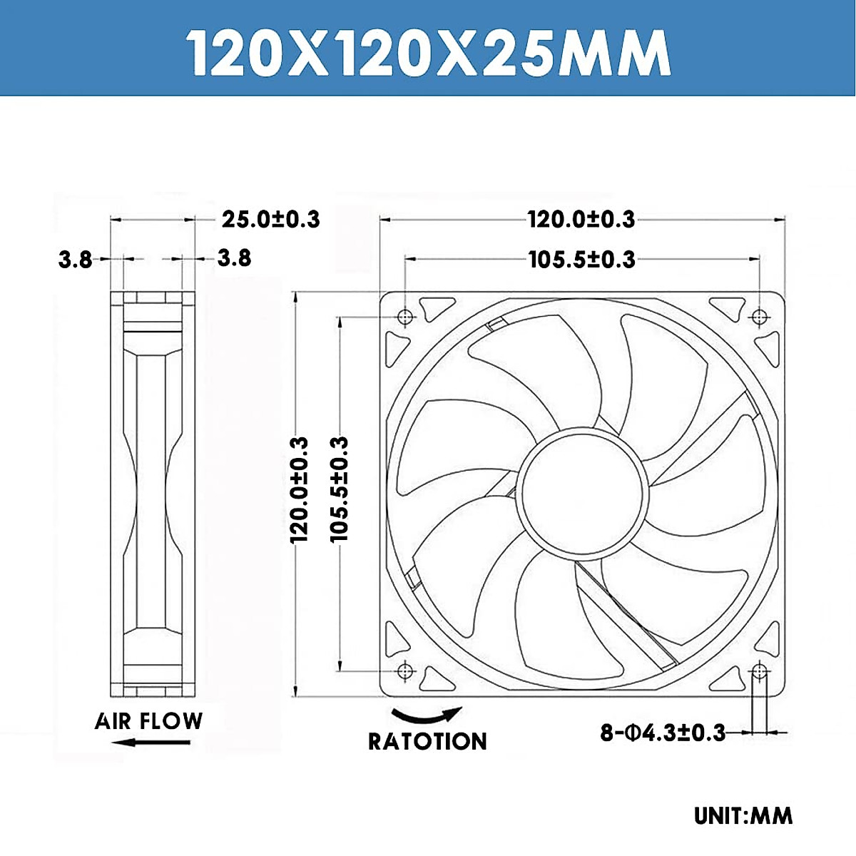WINSINN 120mm Fan 24V Dual Ball Bearing Brushless 12025 120x25mm for Cooling PC Computer Case CPU Coolers Radiators - 2Pin