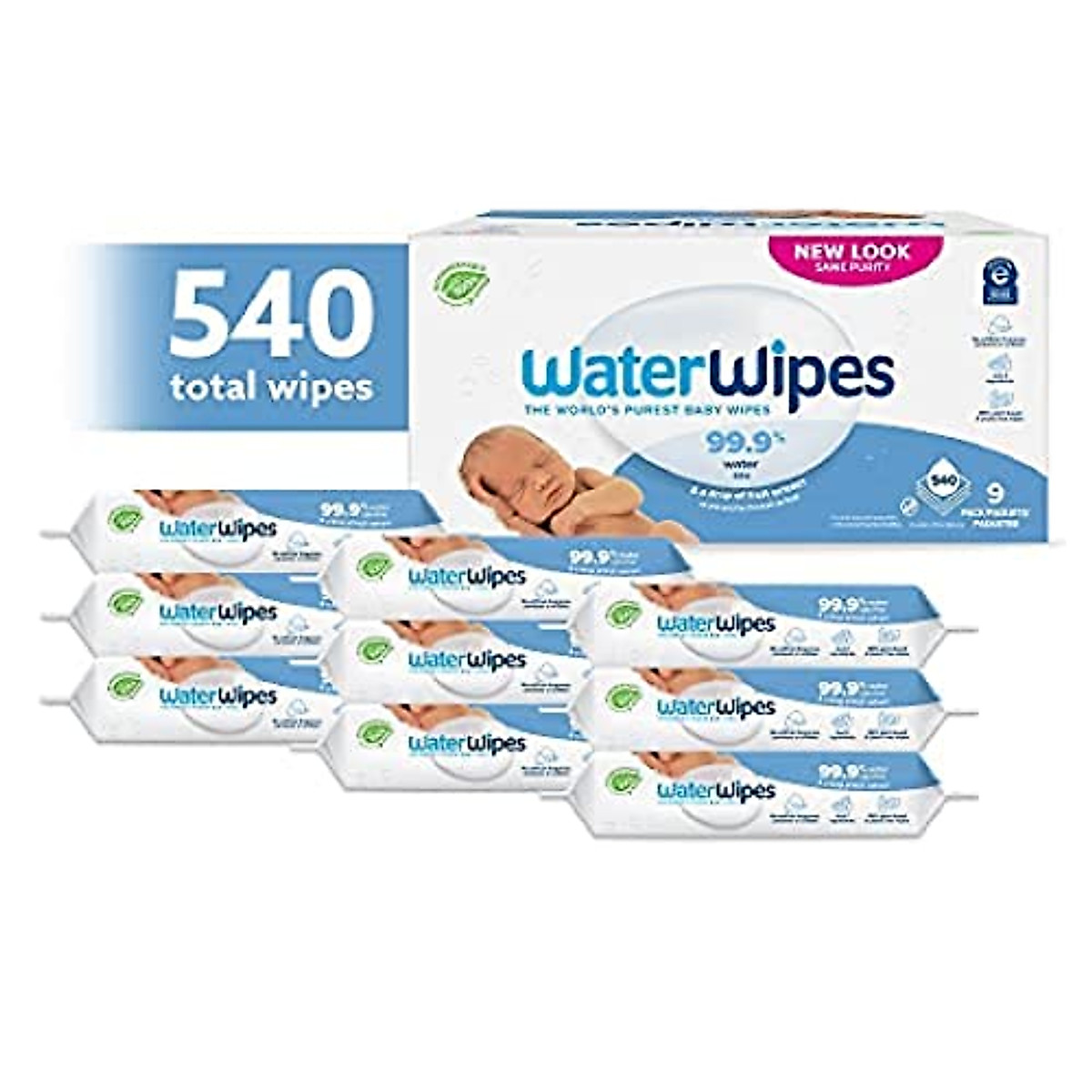 WaterWipes Plastic-Free Original Baby Wipes, 99.9% Water Based Wipes, Unscented & Hypoallergenic for Sensitive Skin, 540 Count (9 packs), Packaging May Vary
