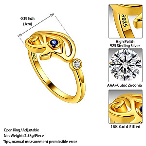 Egyptian Eye of Horus Ring Women 18K Gold Over 925 Sterling Silver Adjustable Horus Eye of Ra Open Ring Promise Ring Protectin Jewelry for Mothers day Christmas Day Gifts for Women Mom FR0010Y