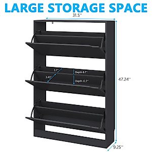 Wodeer Shoe Cabinet with 3 Flip Drawers,Wood Entryway Shoe Storage Cabinet,Freestanding Shoe Rack Storage Organizer for Entryway, Hallway, Black,9.33" D x 31.5" W x 47.2" H