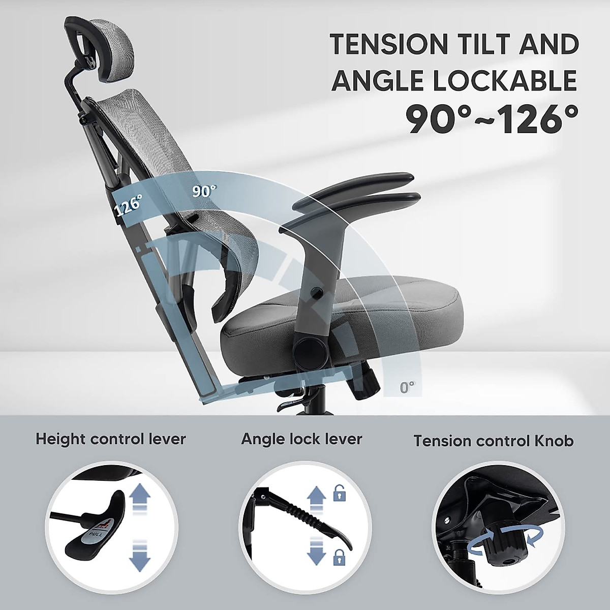 Ergonomic Mesh Office Chair - High Back Home Office Desk Chairs with Adjustable Headrest, 2D Flip-up Arms, Lumbar Support, Tilt Function and Rubber Wheels - Ergonomic Design for Back Pain,Gray