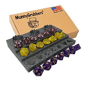 MunnyGrubbers - Dice Display Rack Shelf - Dice Jail - Dice Holder - (3 x Random 7PCS D20 Dice Set Included) - Display Up to 3 Sets of Dice and Vials - Dungeons and Dragons - DND - D&D - (Silver)