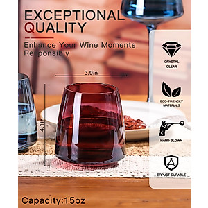 comfit Stemless Colored Wine Glasses Set of 6-15oz Colorful Wine Glasses,Perfect Red Wine Glass Stemware for Wine Lover in Mothers Day Gifts,Party