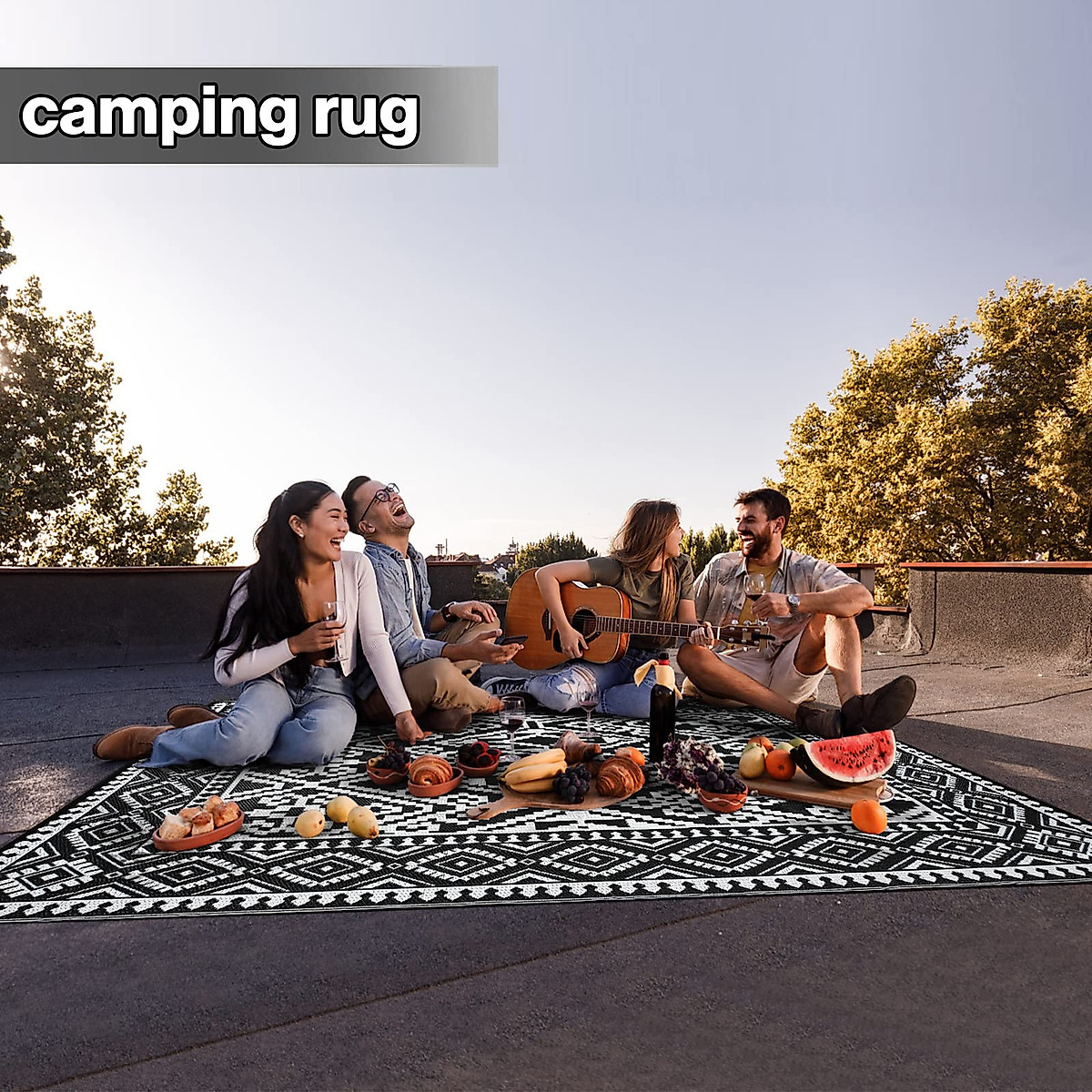 Rugcomf Outdoor Rug 8x10, Outdoor Patio Rug Waterproof for Outside Your Rv, Outside, Camping, Deck, Porch, Balcony, Backyard, Picnic Black and White