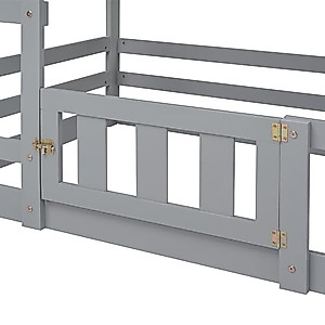 BOVZA House Bunk Bed for Kids Twin Over Twin Size Floor Low Bunk Bed with Fence and Door Wood Loft Bunk Bed Frame for Boys Girls, Gray