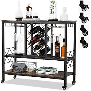 AVAWING Wine Rack Table, Industrial Metal Home Bar & Serving Carts Coffee Bar Cabinet with Lockable Wheels, Storage and Glass Holder for Living Room, Kitchen (Brown)