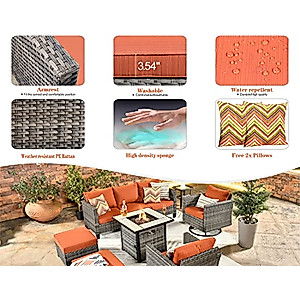 ovios Patio Furniture Set 7 PCS Outdoor Wicker Rattan Sofa Set with 360 Degree Swivel Rocking Chairs 30 Inch Gas Fire Pit Table Garden Backyard Porch (Orange Red-Grey)