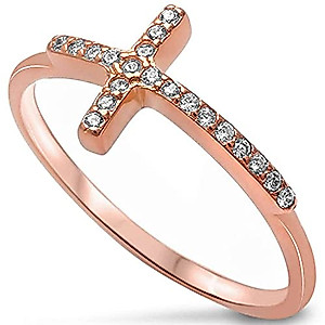 Blue Apple Co. Rose Tone, Simulated Cubic Zirconia Size-8 Half Eternity Sideways Cross Ring Rhodium Plated Round CZ 925 Sterling Silver