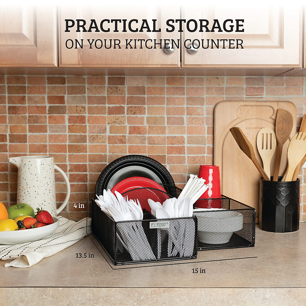 ELTOW Paper Plate Organizer for Countertop w/Handle, 8 Compartment Breakroom Organizer, Utensil Caddy for Parties, Holds Plates, Silverware, Cups, Napkins, Cutlery Caddy Great for Home, RV - Black
