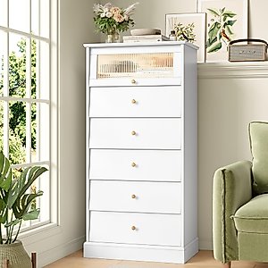 FINETONES 6 Drawer Dresser White Dresser, 48.7'' Tall White Dresser Chest of Drawers, White and Gold Dresser with Glass Drawer, Gold Dresser Modern Dresser for Home Office