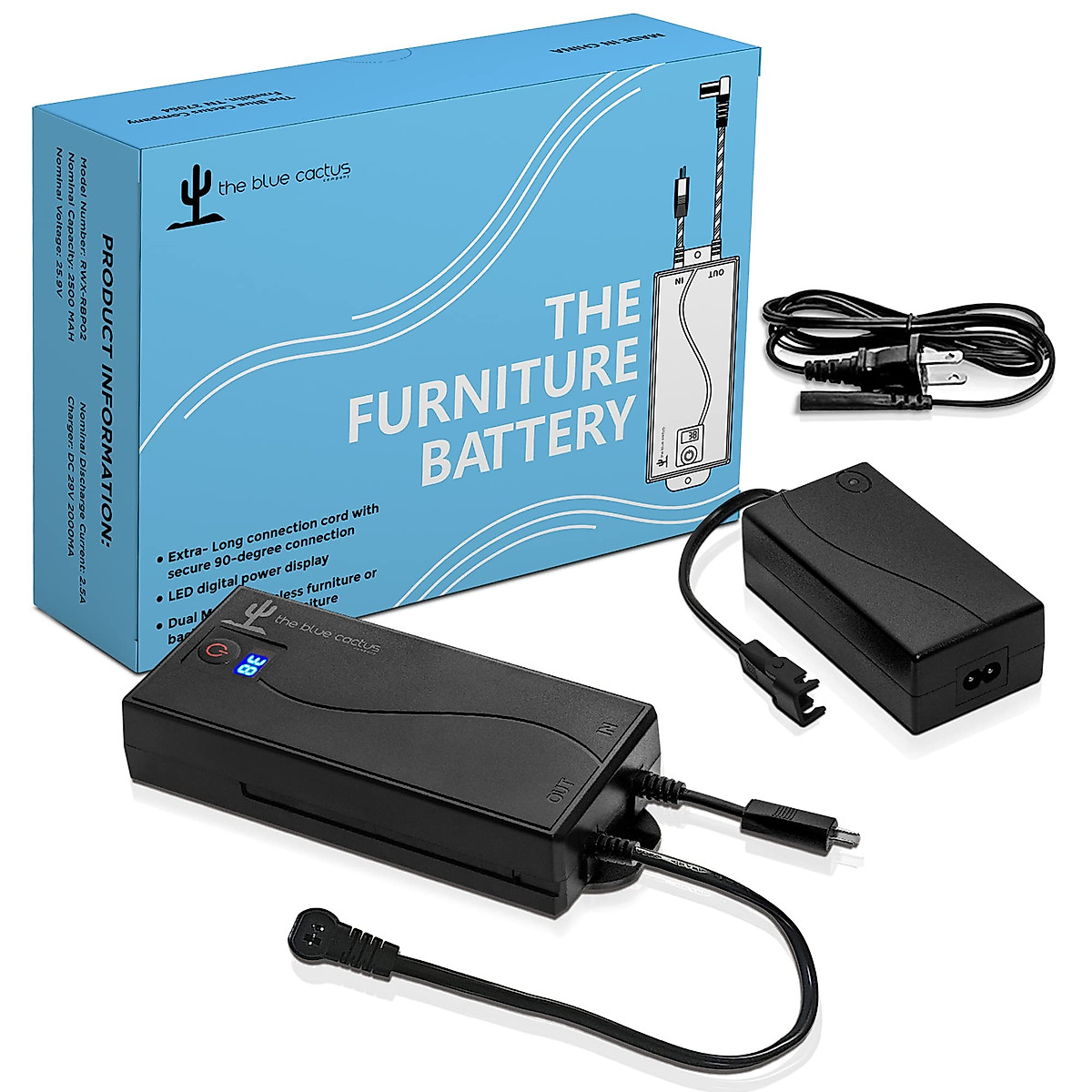 The Blue Cactus Company Two Universal Battery Packs for Reclining Furniture with LCD Display - Wireless 2500mAh Rechargeable Battery Packs with One Charger and Power Cord Combo