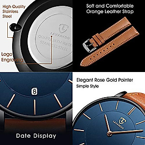BEN NEVIS Watch, Mens Watch, Minimalist Fashion Simple Wrist Watch Analog Date with Leather Strap Orange Blue