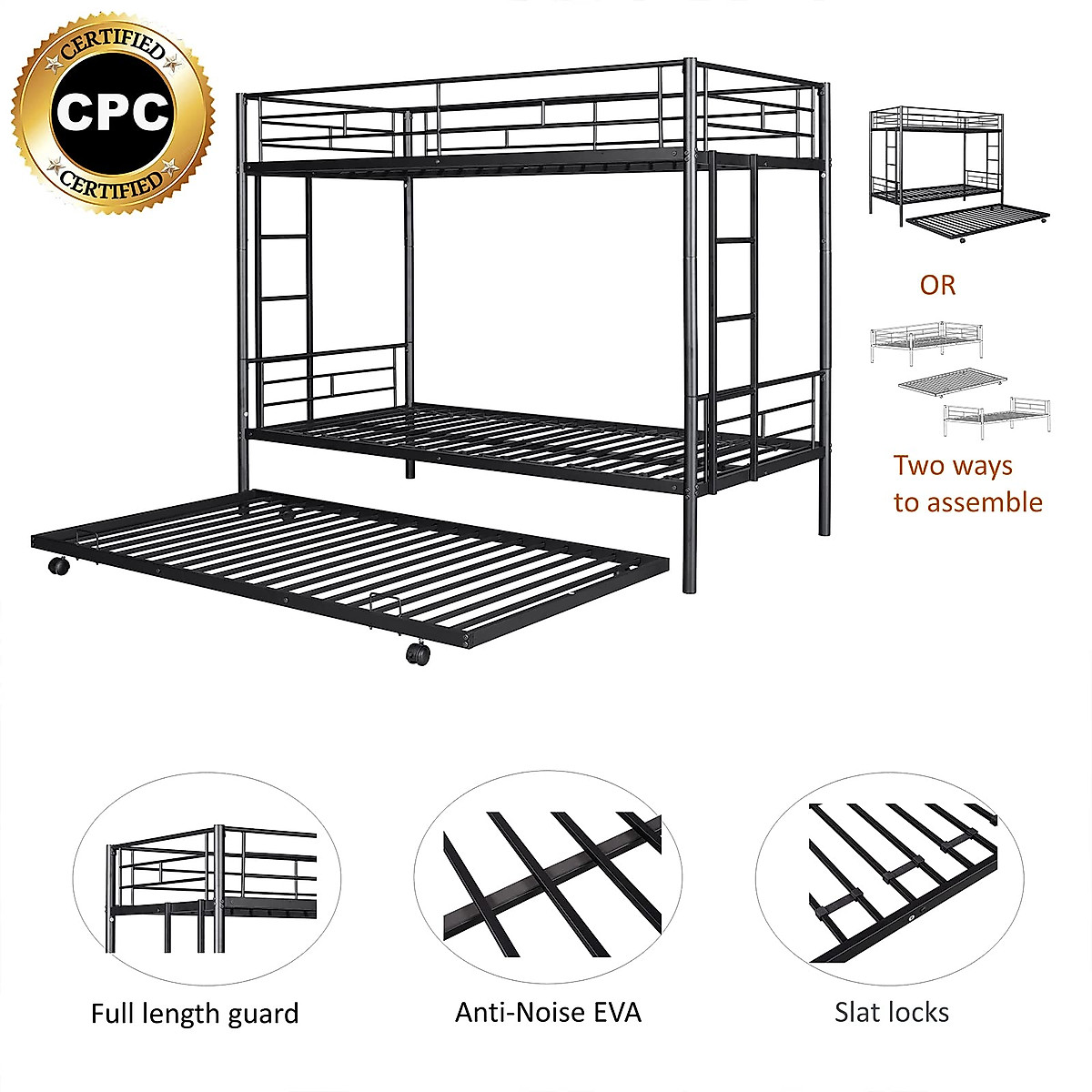 CALABASH Twin Over Twin Metal Bunk Bed with Trundle Heavy Duty Twin Size Bunk Beds Frame with 2 Side Ladders,Bunkbed with Safety Guardrails for Adults,Boys,Girls (New Black)