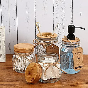 Bathroom Accessories Set 4 Pcs,Soap Dispenser,Toothbrush Holder, 2 Qtip Apothecary Jars with Bamboo Lid for Rustic Farmhouse Bathroom Decor, Makeup Organizer, Boho Countertop Storage (Glasss/Bomboo