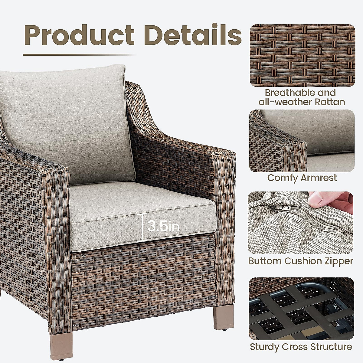 Outdoor Wicker Patio Chairs Set of 2 - Heavy Duty Outside Modern PE Rattan Lawn Chair for Front Porch Balcony Backyard Yard Deck Poolside Apartment – Brown/Beige