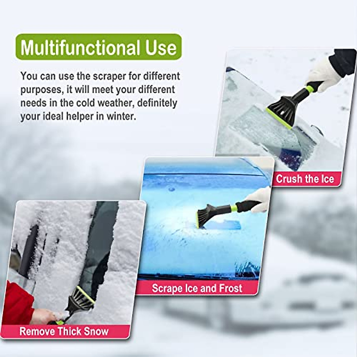 Oversized Ice Scrapers for Car Windshield, Snow Brush Scrapers Car Window Frost Removal with Foam Handle, 4.7Inch Large Soft Blade for SUVs Trucks-Scratch Free, Ideal Stocking Stuffer Car Gifts