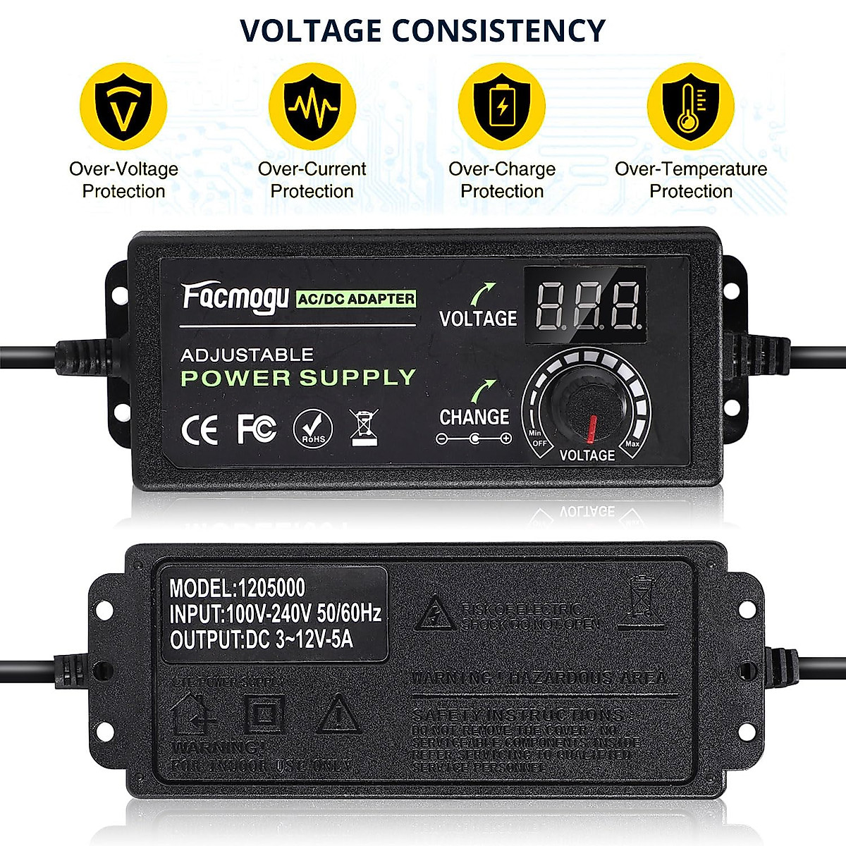 Facmogu 3V-12V 5A 60W Adjustable Power Supply with LED Display, Variable DC 3V 5V 6V 9V 12V Universal AC/DC Adapter, 100V-240V AC to DC 3-12V Switching Power Converter Multi-Voltage Regulated Adaptor
