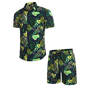 COOFANDY Men's Floral Pattern 2 Piece Summer Beach Short Sleeve Tracksuits