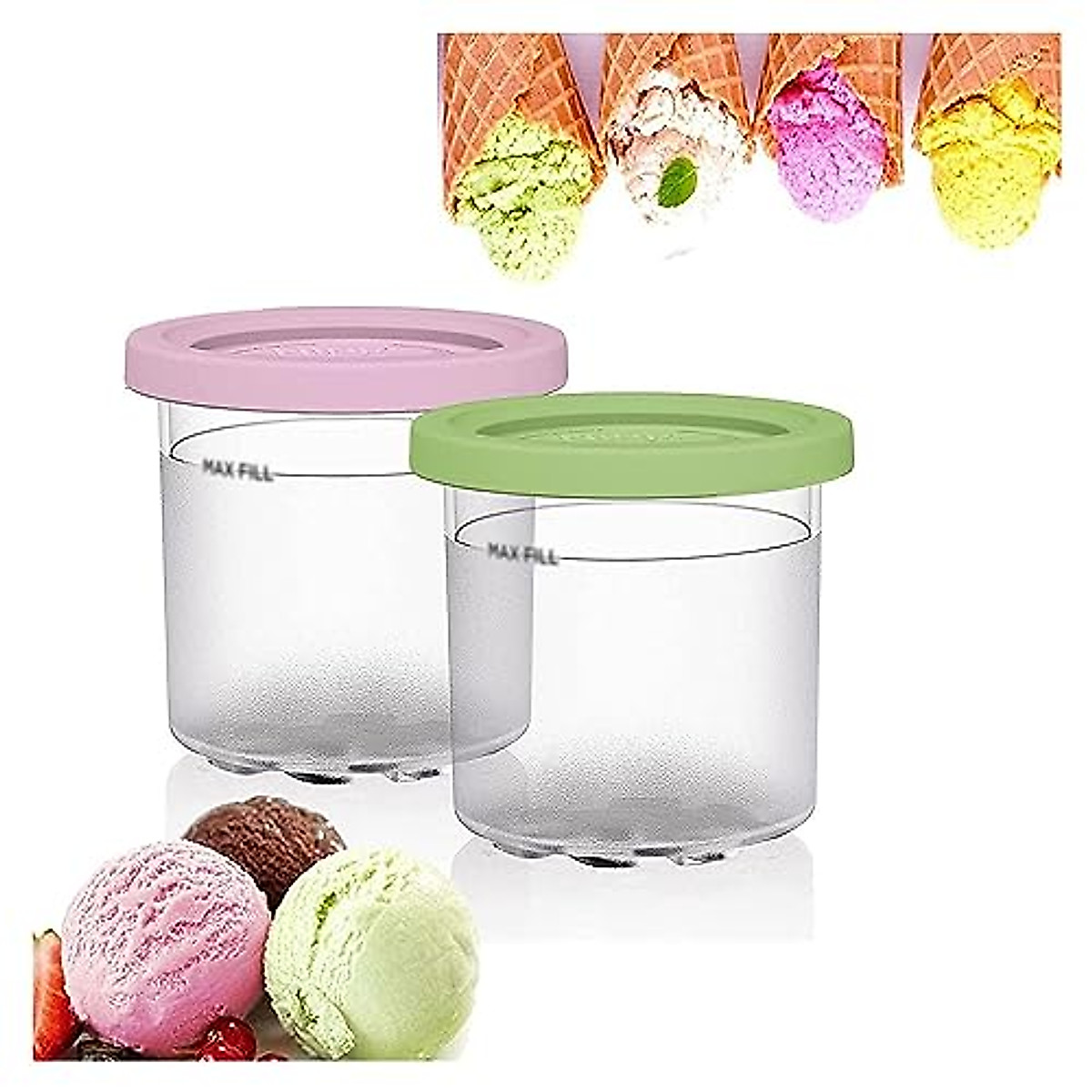EVANEM 2/4/6PCS Creami Pints, for Creami Ninja Ice Cream Containers,16 OZ Creami Deluxe Pints Bpa-Free,Dishwasher Safe for NC301 NC300 NC299AM Series Ice Cream Maker,Pink+Green-6PCS