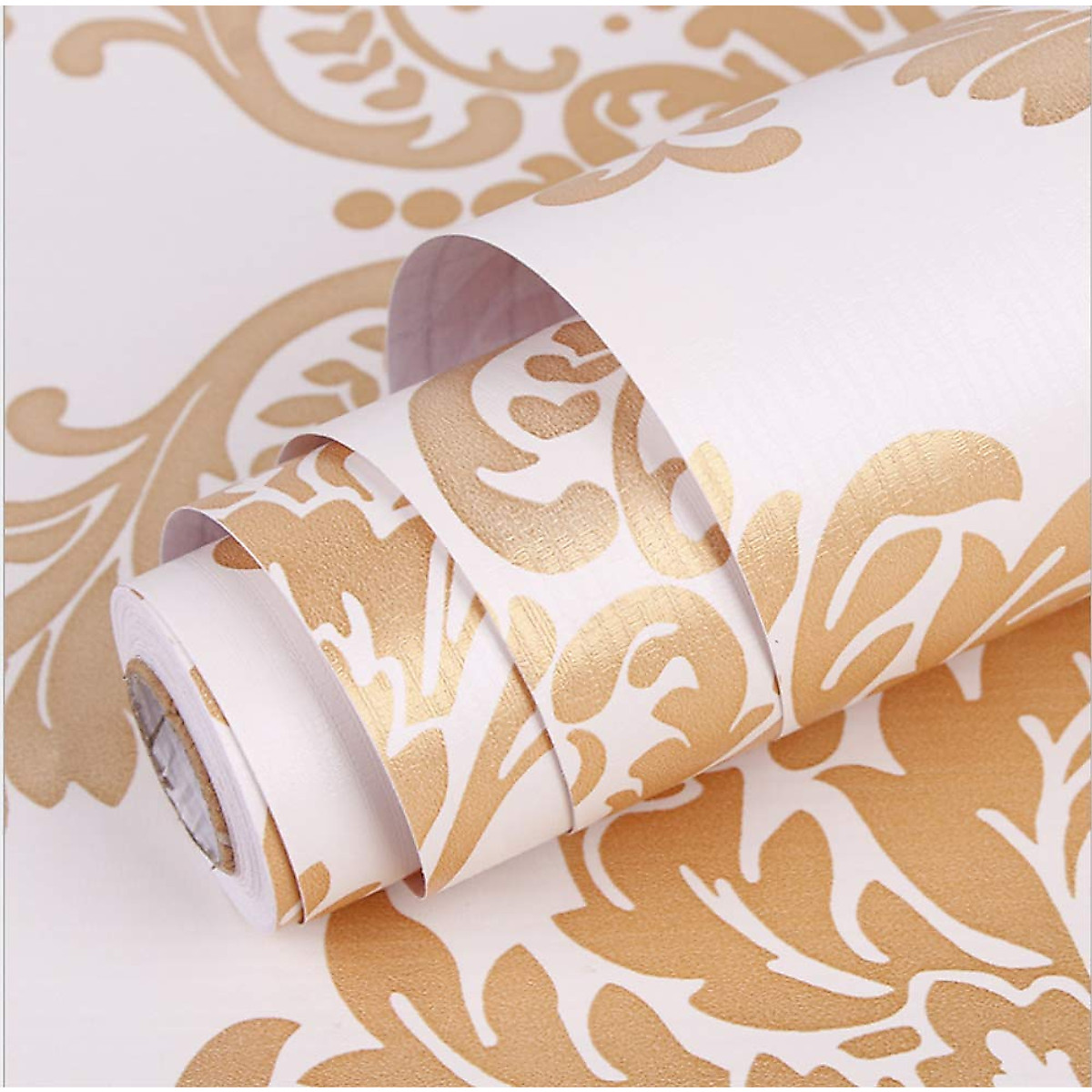 Yija Nordic Style Waterproof Shelf Drawer Liner Self-Adhesive Cabinet Sticker 17.7 Inch by 98 Inch (Gold Damask)