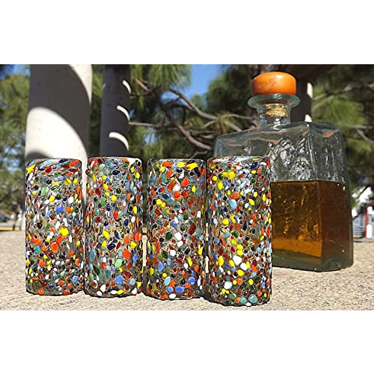 MEXTEQUIL - Authentic Mexican Tequila Shot Glasses - Tequila Set of shot glasses - 4 pcs - 2 Oz - Mexican Hand Blown Shot Glass (Confetti)