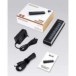 Powered USB Hub 3.0 ikuai Aluminum 10 Port USB 3.0 Data Hub Splitter with 12V/3A 36W Power Adapter and Individual On/Off Switches for Desktop PC Laptop and More