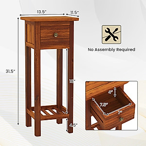 Giantex Tall End Table, Narrow Side Table with Drawer and Shelf, Acacia Wood Nightstand for Living Room, 2-Tier Bedside Table for Small Space, No Assembly, Rustic Brown