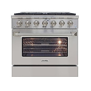 DUURA Elite DE360GRSSS Gas Range Cooktop 36-Inch with Porcelain Convection Oven and Broil Function, 6 Sealed Burners and Continuous Grates with Stainless Steel Construction, Silver