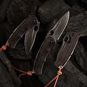 SPIRIT DEED Folding Knife 3in Handmade VG 10 Damascus Steel Knife Pocket Knife, Leather Case, Ebony Handle, with Padded Lock, Suitable for Outdoor Camping Fishing and Carrying Knives