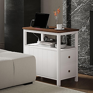 HOMCOM Modern End Table with Charging Station and USB Ports, Narrow Side Table with Drawers & Shelf for Living Room, White