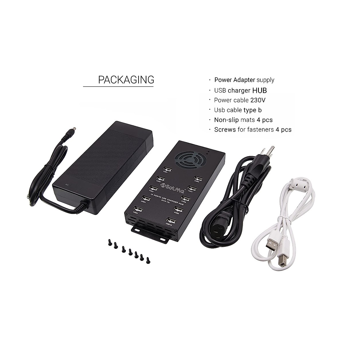 Premium Design USB 2.0 Hub - Multi-Safety Protection 10-Port Powered USB Hub 2.0 with AC Adapter - USB Splitter with Cooling Fan and Mounting Brackets - Aluminum Charging Hub for Multiple Devices