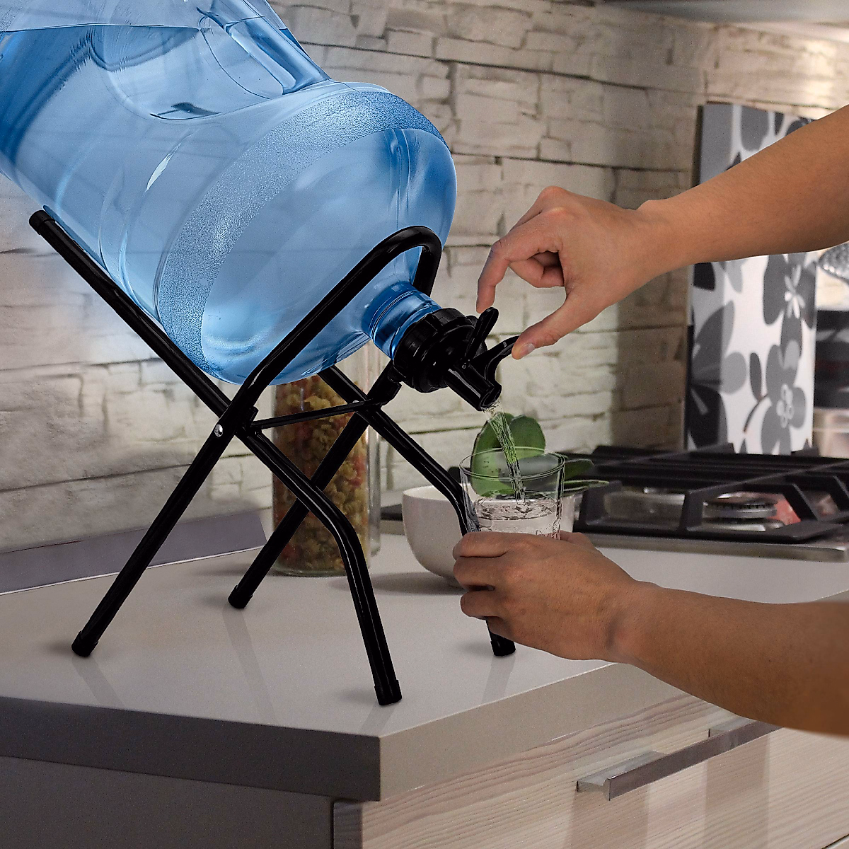 Brio 5 Gallon Water Bottle Jug Drink Dispenser Storage Cooler Foldable Cradle Stand BPA FREE Valves Stainless Steel Rack Holder No Leak Non Slip Countertop with 2 Dispenser Valves, Fits BOTH 48mm and