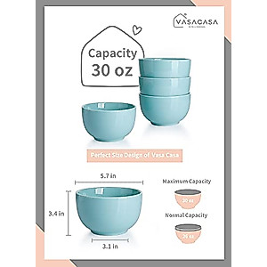 Vasa Casa Ultra-Deep 30 Ounces Soup Bowls, Large Cereal Bowls, Ceramic Serving Bowls Set for Kitchen, Rice, Pasta, Salad, Oatmeal and Noodle, Dishwasher & Microwave Safe, Set of 4, Turquoise