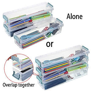 BTSKY Long Plastic Stackable Box Home, Office Supplies Storage Organizer Box Pencil Box Plastic Organizer Holder for Gel Pens Erasers Tape Pens Pencils Markers etc- 3 Pack - Clear with Blue Clip