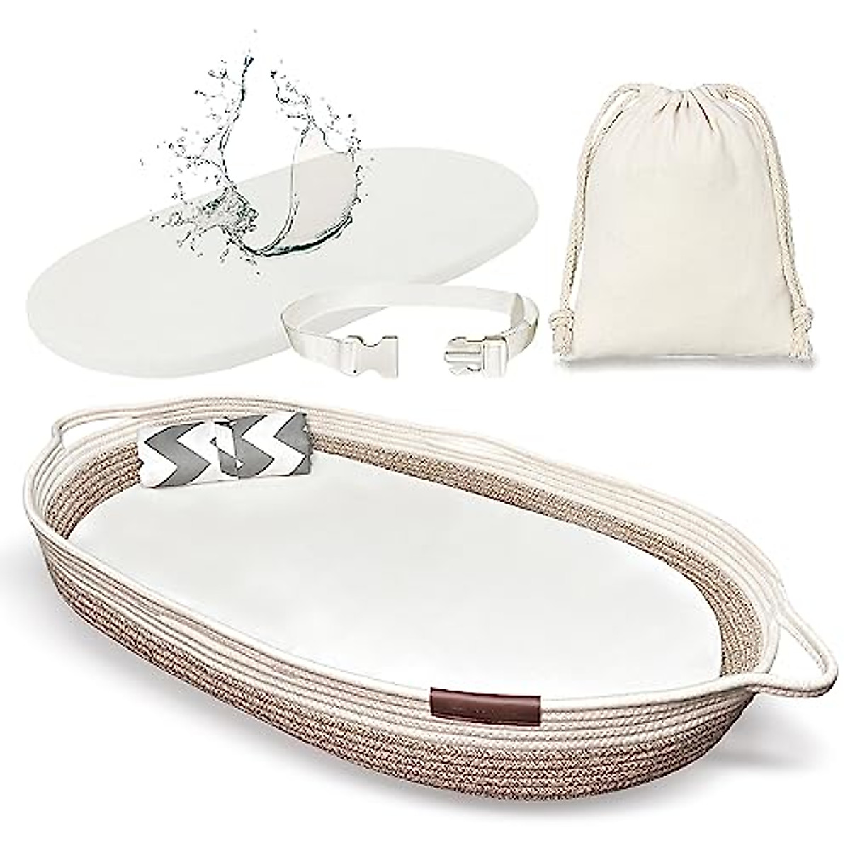 meloom Baby Changing Basket with Pads and Safety Belt, Thick Foam Pad with Wipeable Water-Resistant Pad Cover, Moses Basket Changing Table Topper Changing Pad