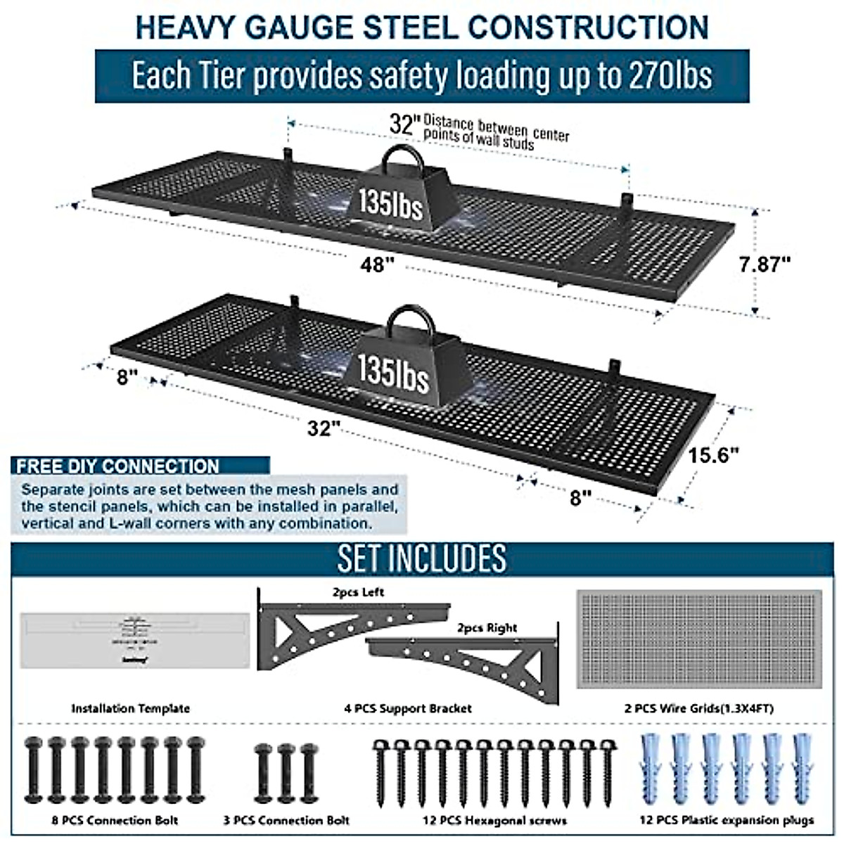 Sanhang 2Pack 1.3x4ft Garage Storage Wall Shelves, Wall Shelf Garage Storage Rack Floating Shelves (Black)