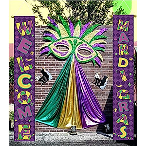 Mardi Gras Party Decorations Porch Sign Hanging Backdrop Banner - Carnival Birthday Party Supplies Photo Booth Prop Masquerade Wall Decoration Indoor/Outdoor