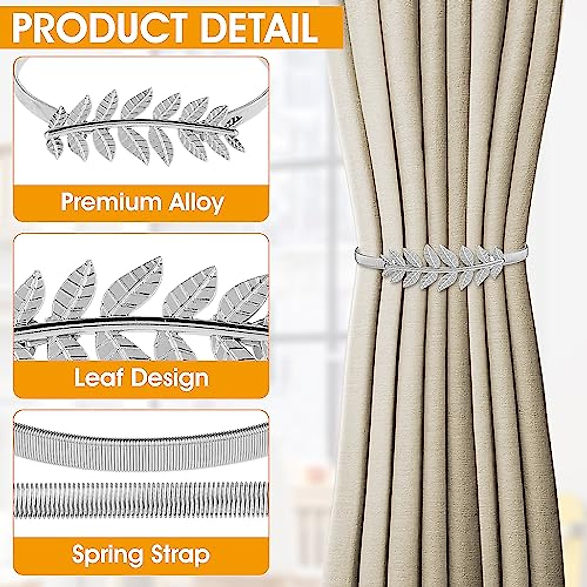 Amaxiu Curtain Tiebacks, 4 Pack Leaf Carving Design Curtain Holdback Adjustable Curtain Ties for Drapes Decorative Modern Style Curtain Drapery Wall Hooks Hanger Window Treatment Holdbacks(Silver)