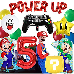 37 PCS Video Game Birthday Balloons Video Game Brothers Theme Birthday Decoration Vedio Game Birthday Balloons with POWER UP Letter Balloons for Video Game 5th Birthday Party Supplies