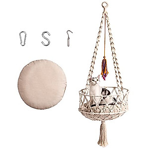 MEWOOFUN Hanging Macrame Cat Hammock Bed, Cat Swing Bed Space Saving Window Perch with Washed Cotton Mat & Funny Cat Toy for Indoor Cats